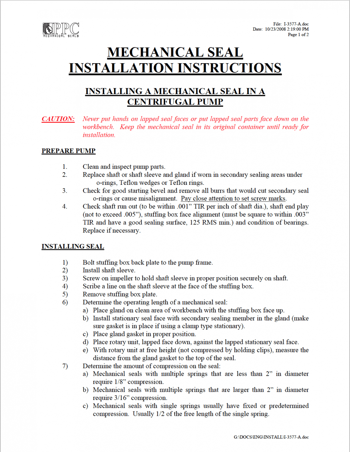 Mechanical Seal Installation Instructions – PPC Mechanical Seals