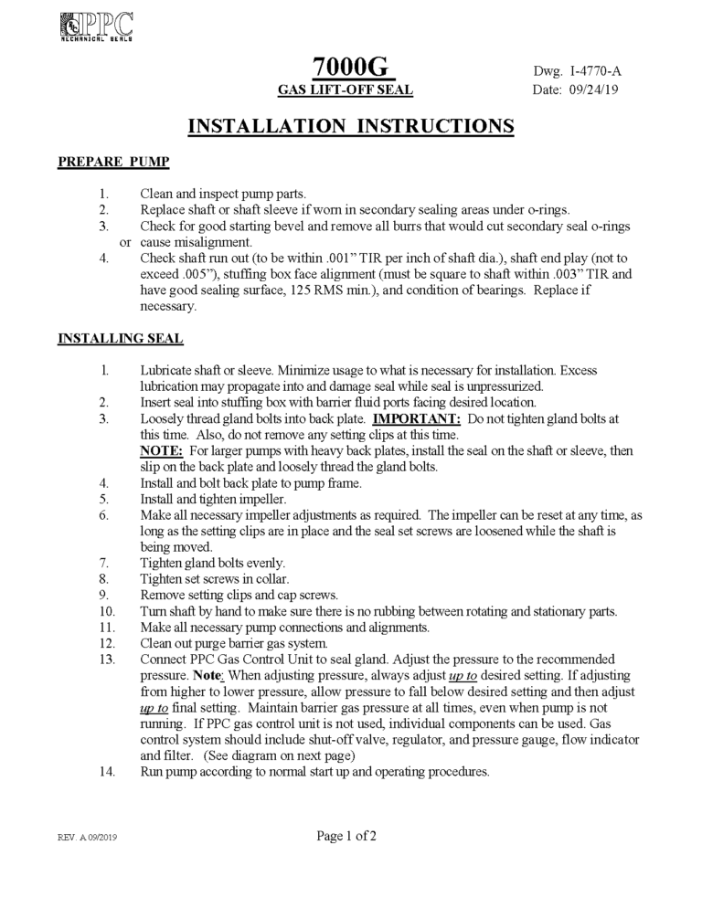 7000G Installation Guide – PPC Mechanical Seals