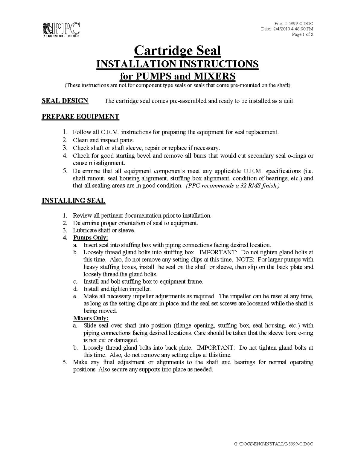 Cartridge Seal Installation Guide – PPC Mechanical Seals