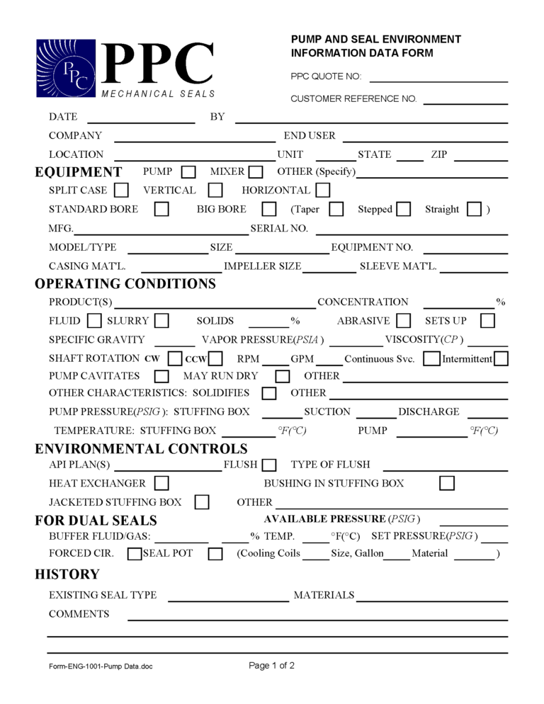 Pump Application Data Form – PPC Mechanical Seals